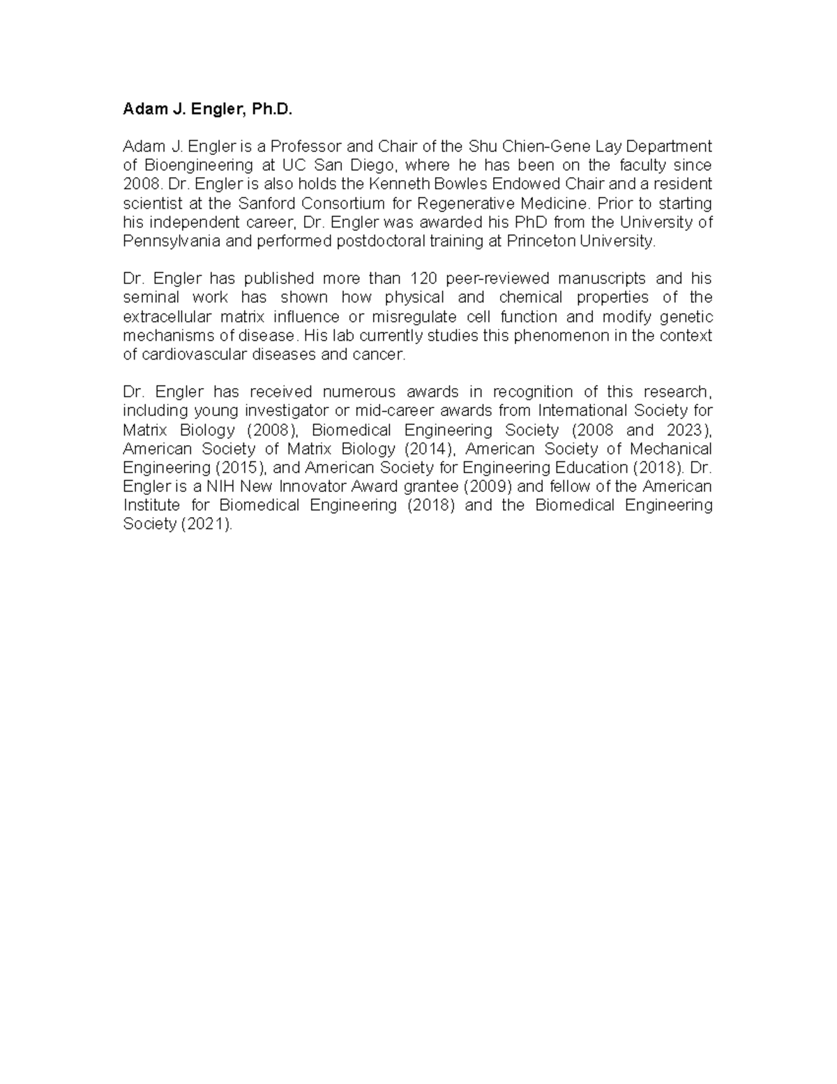 Biosketch Adam J. Engler 2024 - Tagged - Adam J. Engler, Ph. Adam J ...