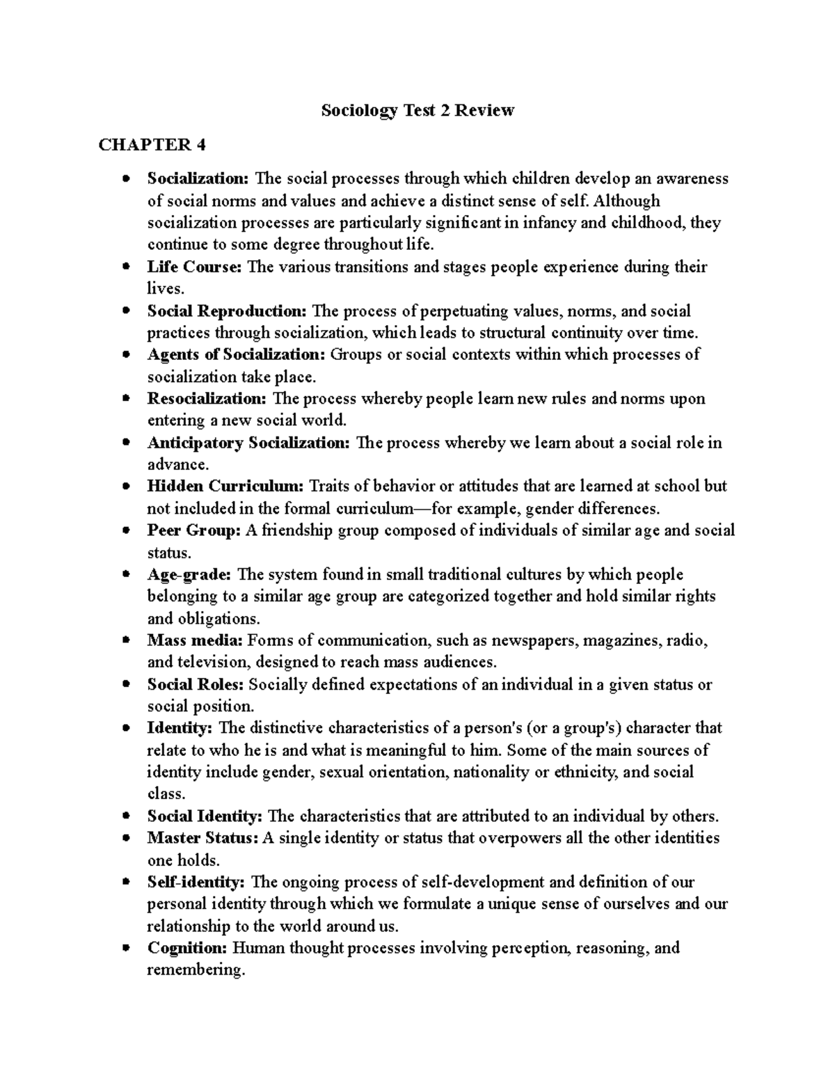 Sociology Test 2 Review - Sociology Test 2 Review CHAPTER 4 ...