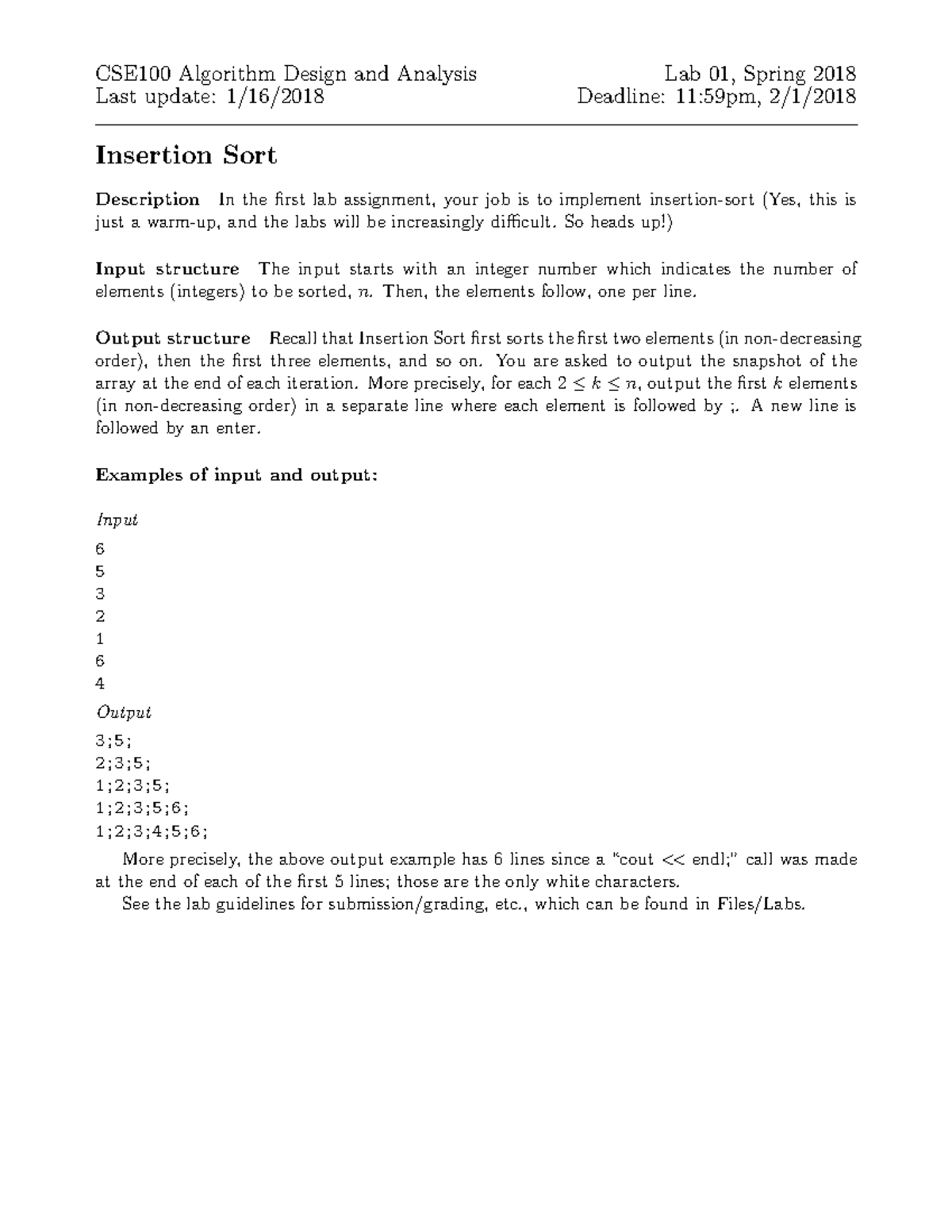 Lab01 - Professor Miguel A Carreira Perpnan Insertion Sort - CSE100 Algorithm Design and ...