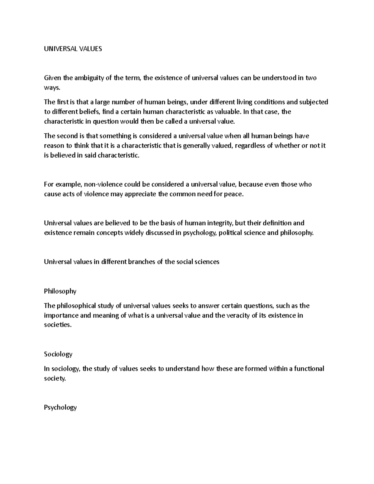 Universal Values - UNIVERSAL VALUES Given the ambiguity of the term ...