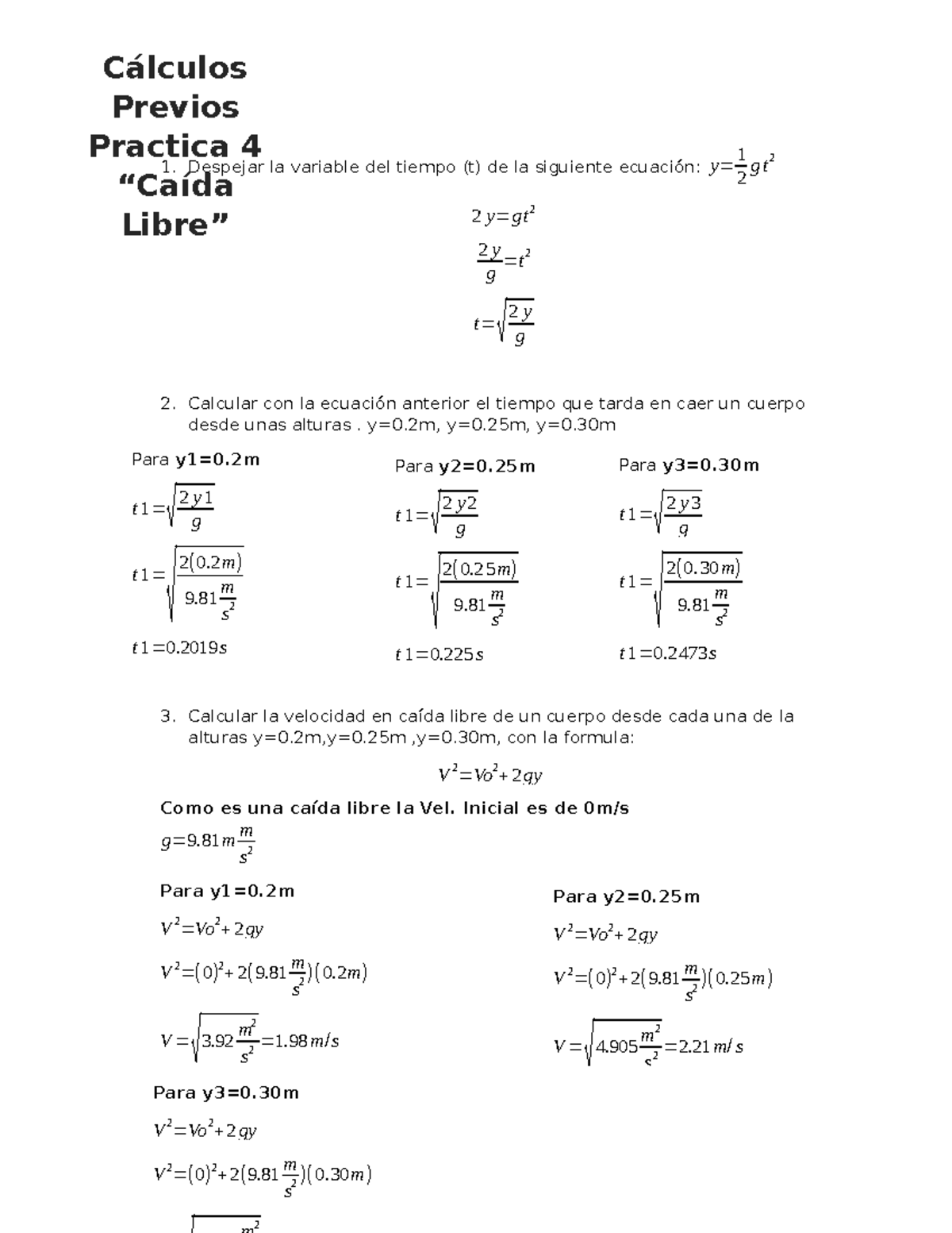 Calculos Previos Practica 4 - Despejar la variable del tiempo (t) de la ...