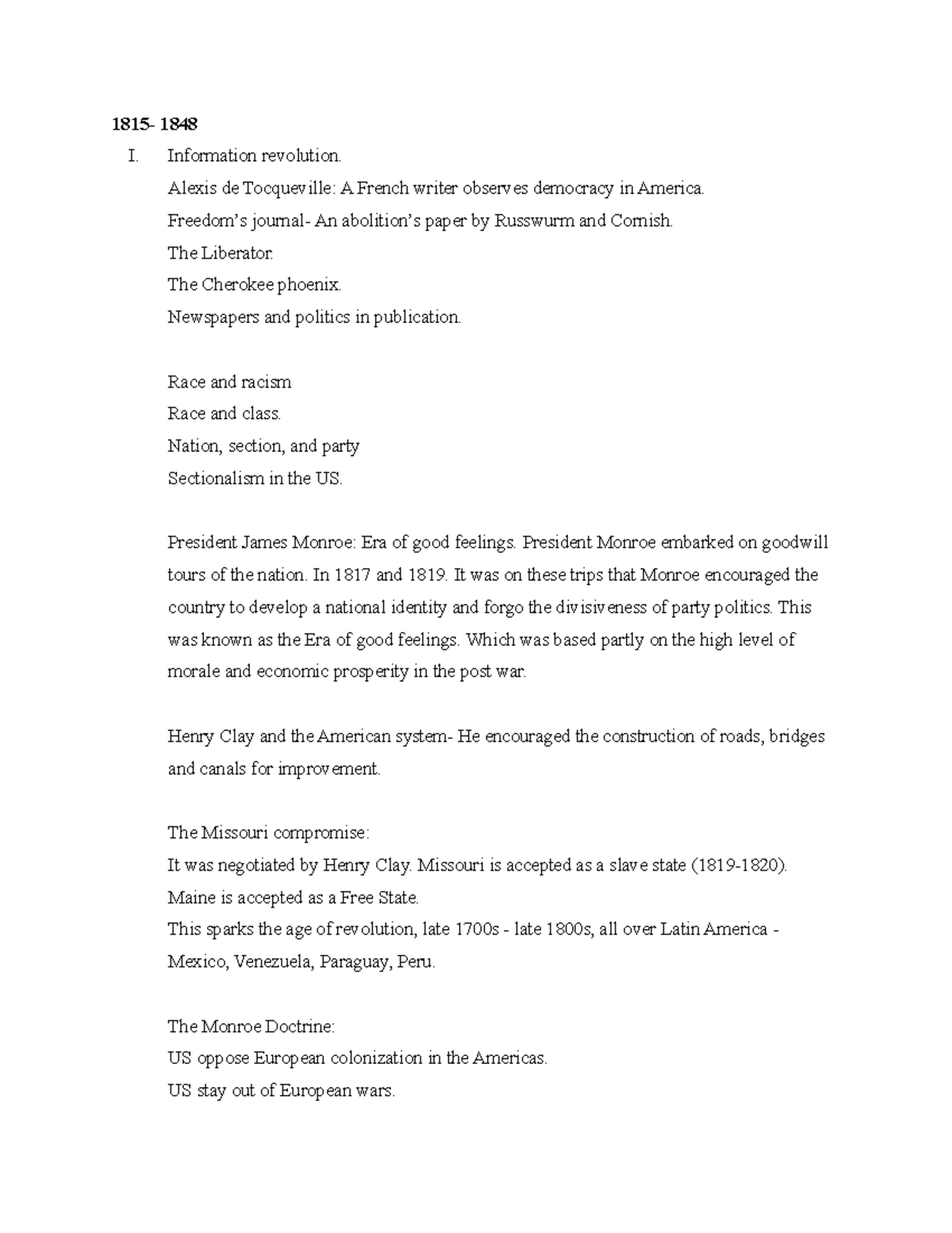 Age of Jackson - History class notes - 1815- 1848 I. Information ...