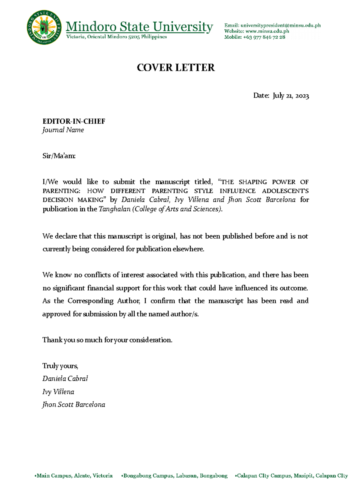 MCC R&D form Cover Letter - COVER LETTER Date: July 21, 2023 EDITOR-IN ...