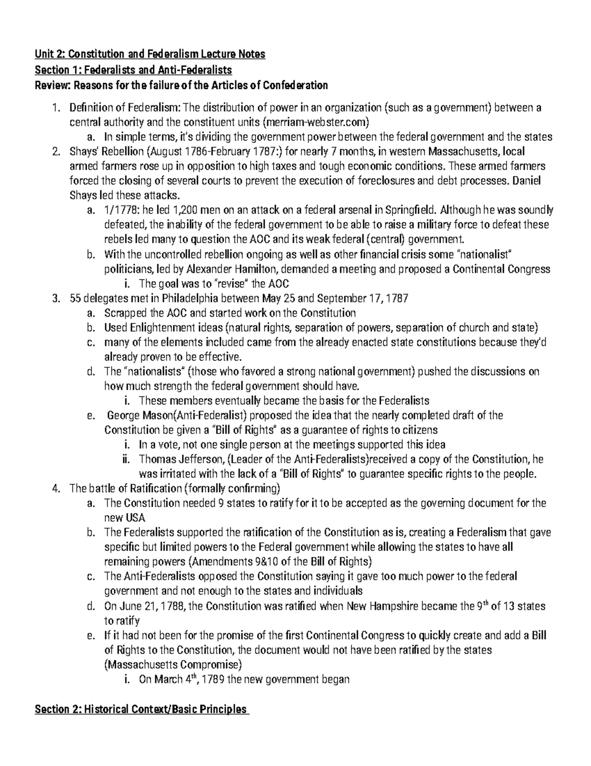 Unit 2 Constitution and Federalism Lecture Notes - In simple terms, it ...