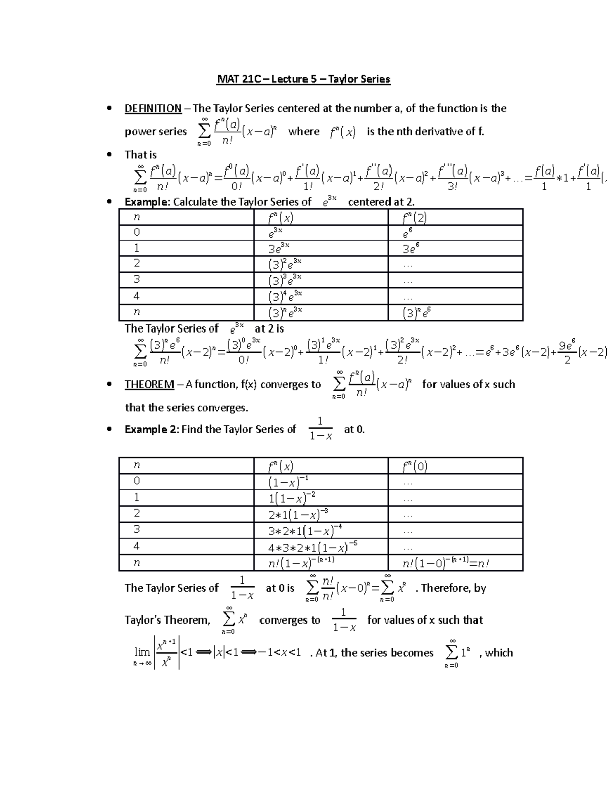 MAT 21C – Lecture 5 – Taylor Series - MAT 21C – Lecture 5 – Taylor Series DEFINITION – The - Studocu
