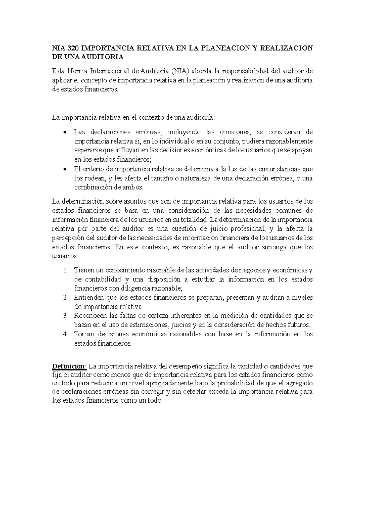 NIA 320 - Leyes - NIA 320 IMPORTANCIA RELATIVA EN LA PLANEACION Y ...