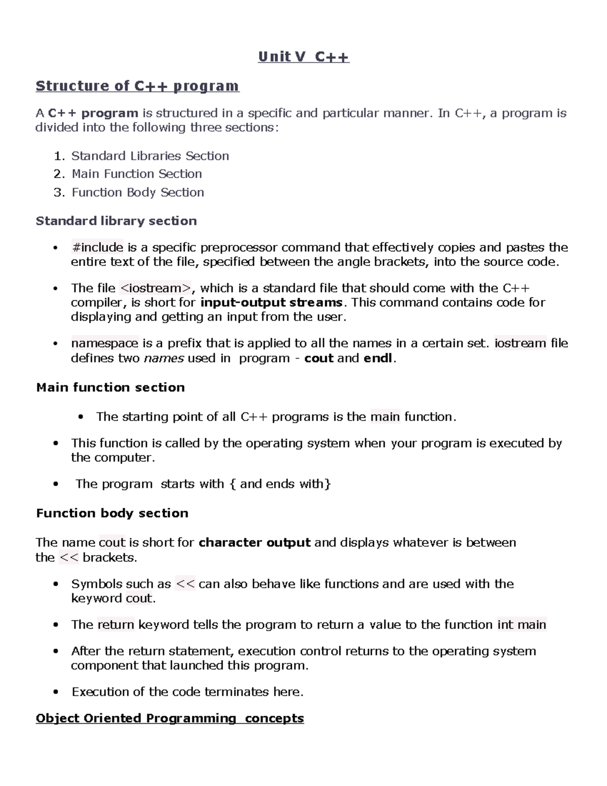C unit V - notes - Unit V C++ Structure of C++ program A C++ program is ...