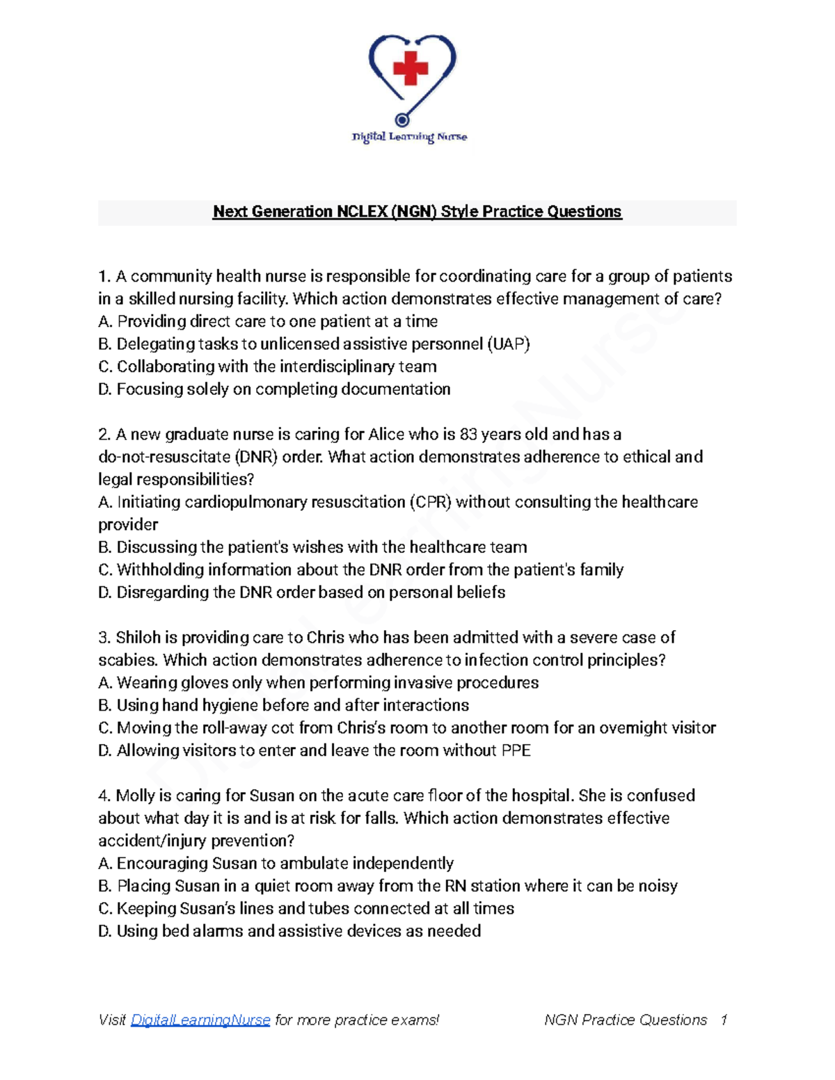 NGNPractice Questions 1 - DigitalLearningNurse Next Generation NCLEX ...