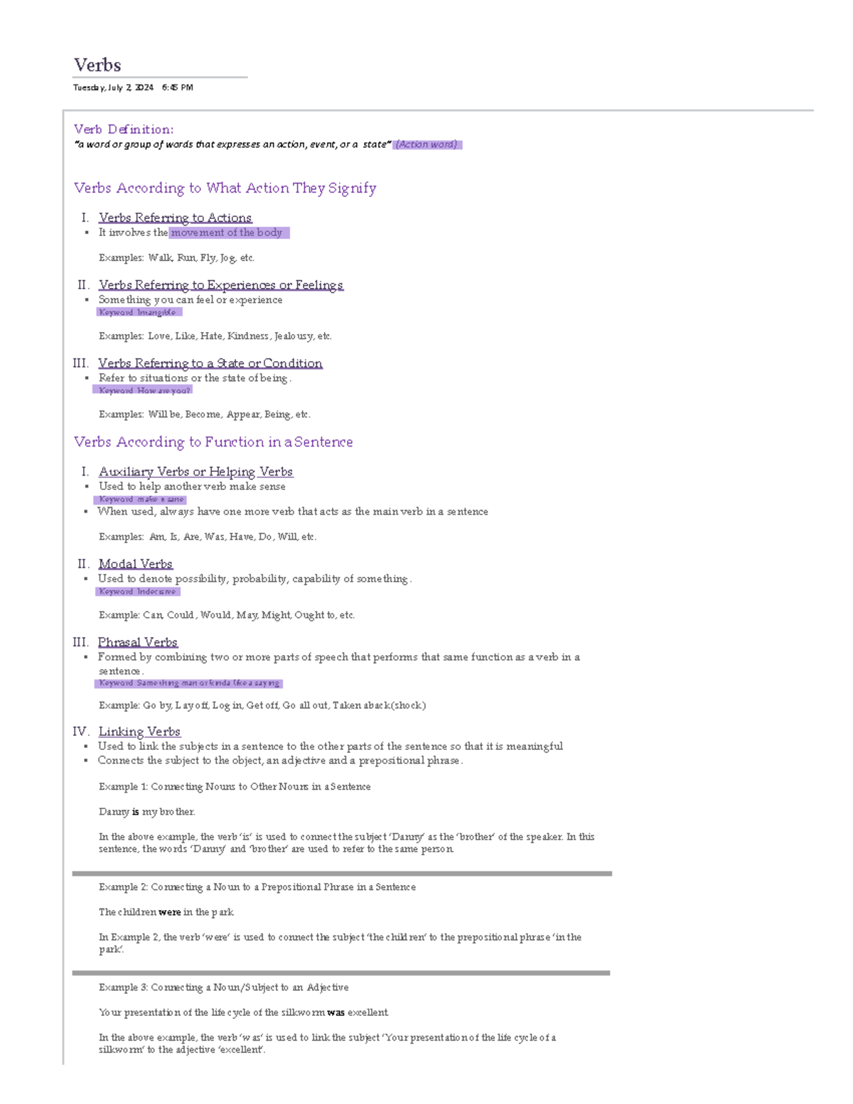 Verbs Notes (LP) - Verbs Tuesday, July 2, 2024 6:45 PM Verb Definition ...