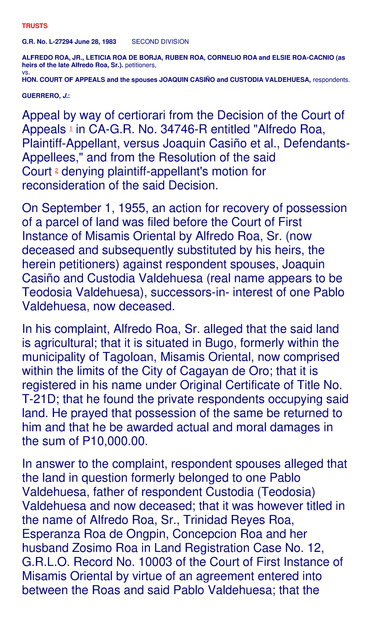 G. Roa, Jr. vs. CA (Trusts) - TRUSTS G. No. L-27294 June 28, 1983 ...