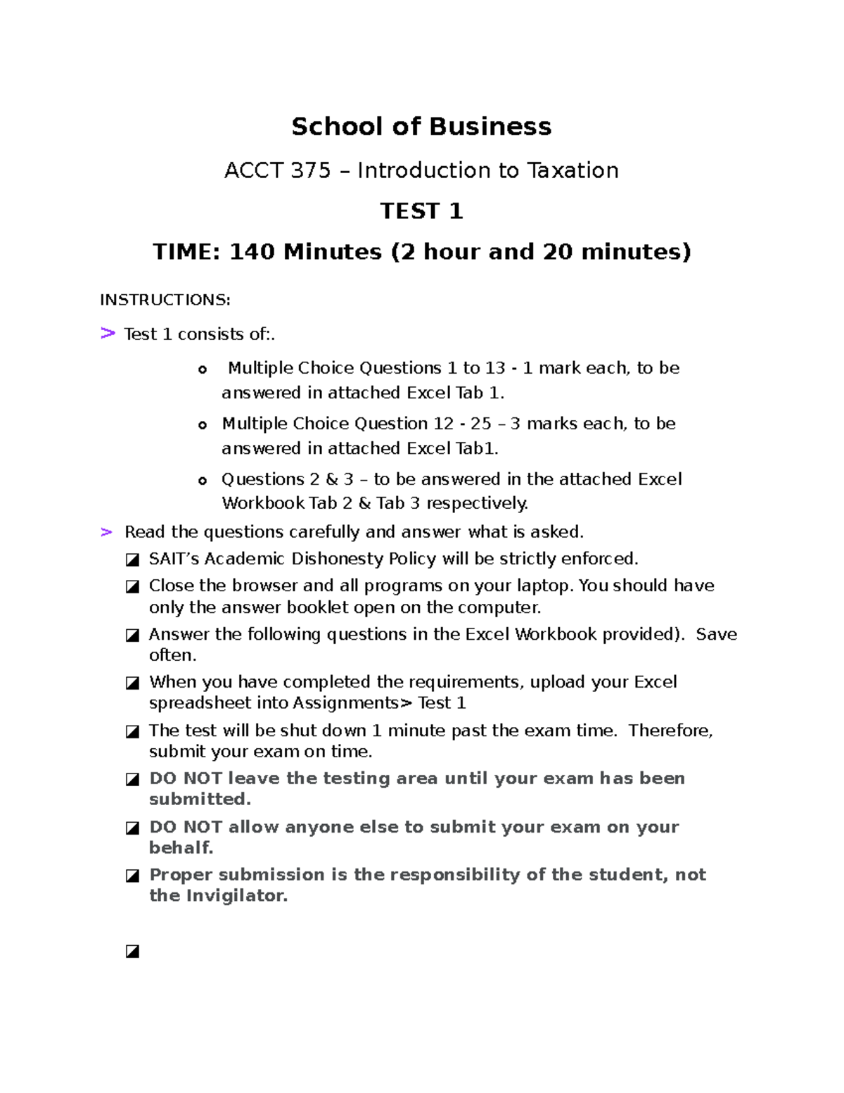 2023 Winter Test 1 Student - School of Business ACCT 375 – Introduction ...