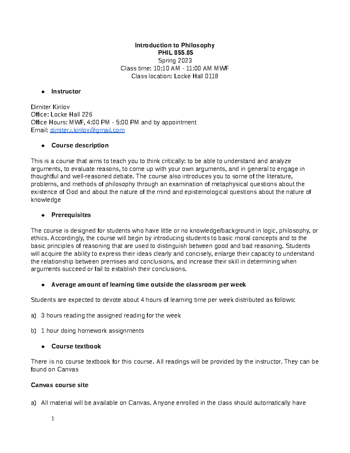 Introduction to Philosophy PHIL 055 05 Spring 23 Syllabus - Google Docs ...