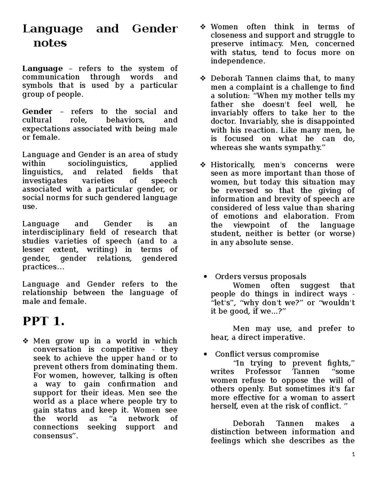 Language and Gender notes - Language and Gender notes Language – refers ...