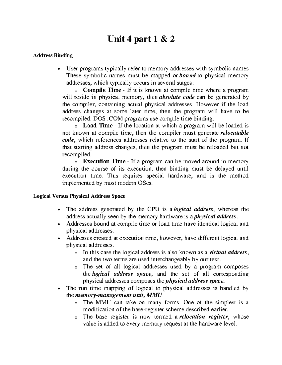 OS Unit 4 part 1 2 - OS KCS 401 - Unit 4 part 1 2 Address Binding User programs typically refer ...