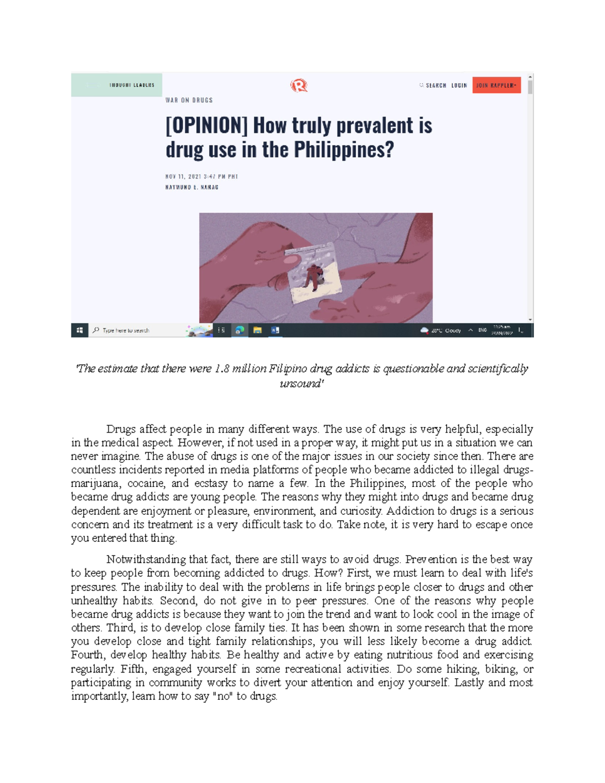 Reaction Paper - 'The estimate that there were 1 million Filipino drug ...