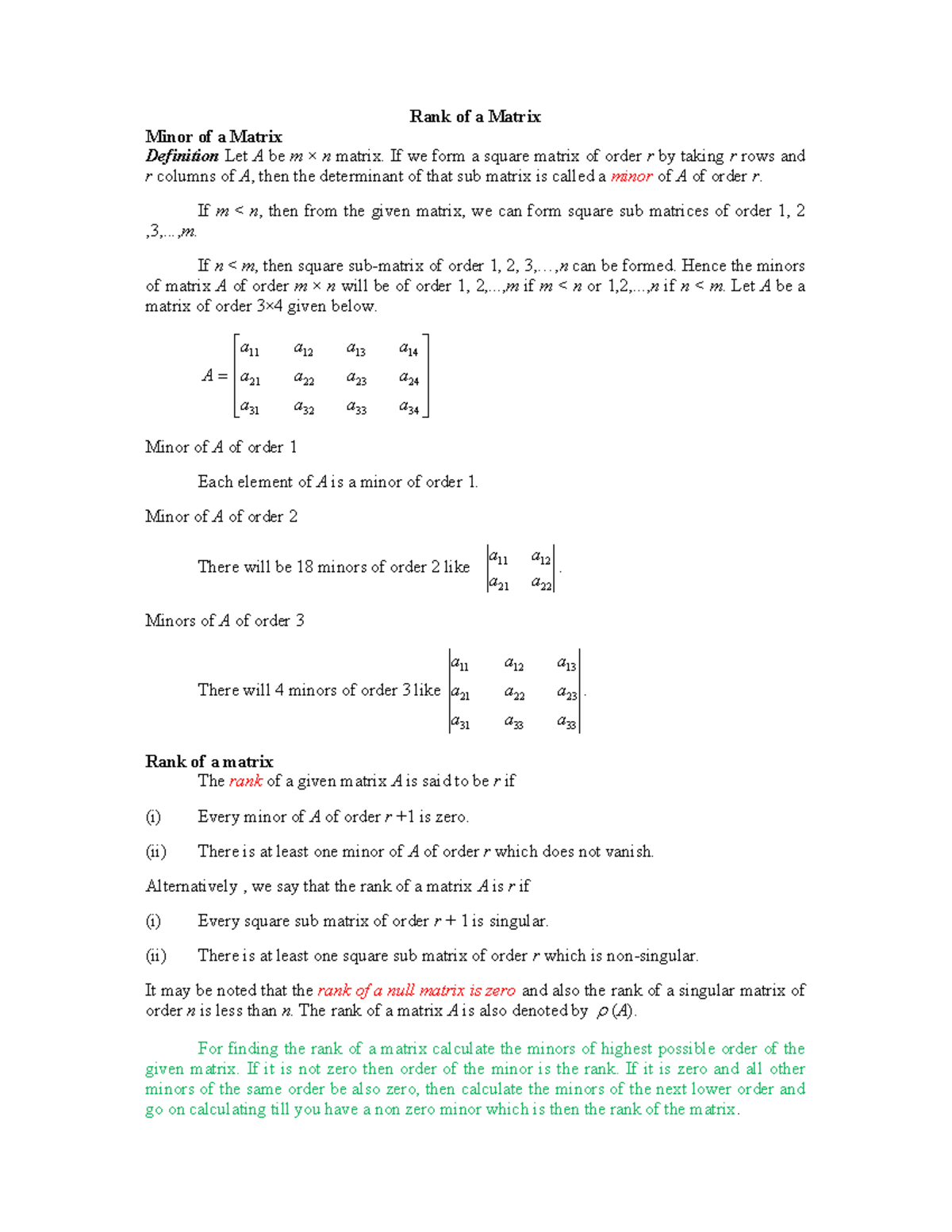 Lecture 3 - kjhydseaz - Rank of a Matrix Minor of a Matrix Definition ...