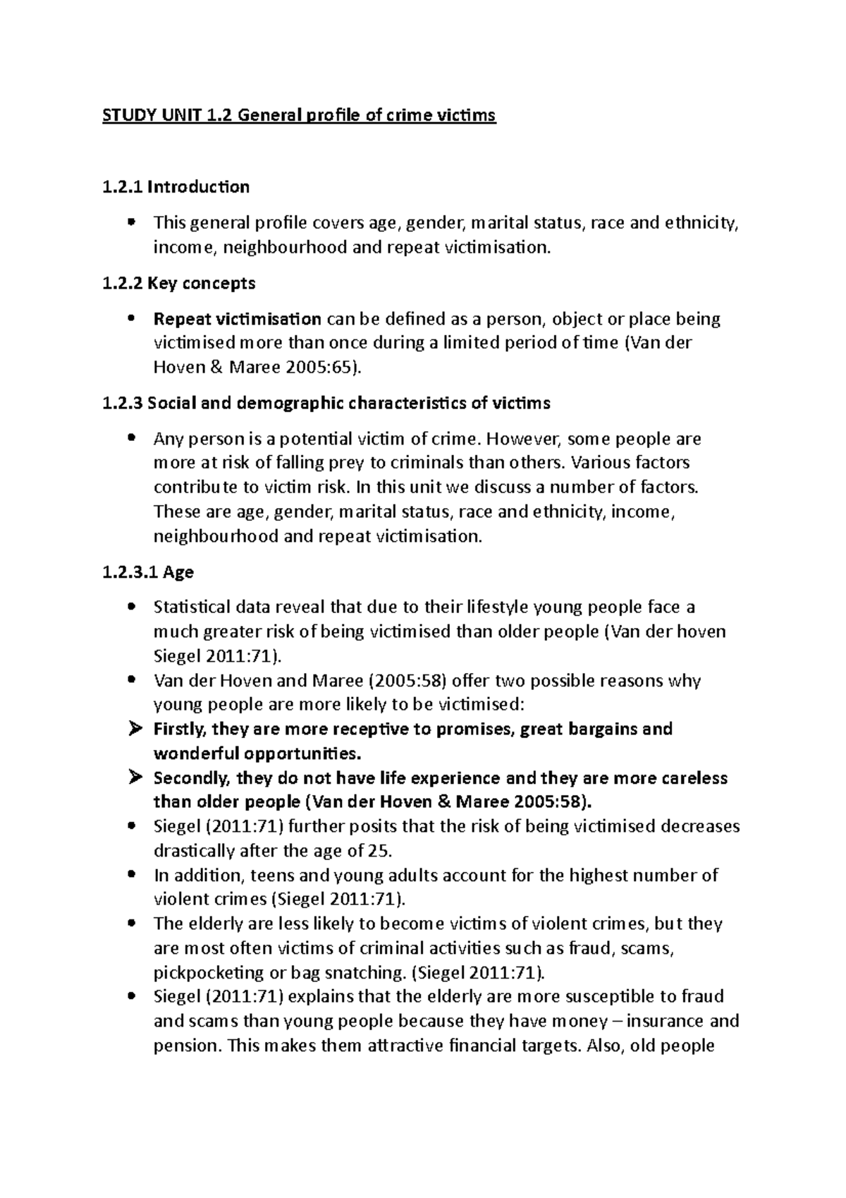 Study UNIT 1 - NOTES - STUDY UNIT 1 General profile of crime victims 1. ...