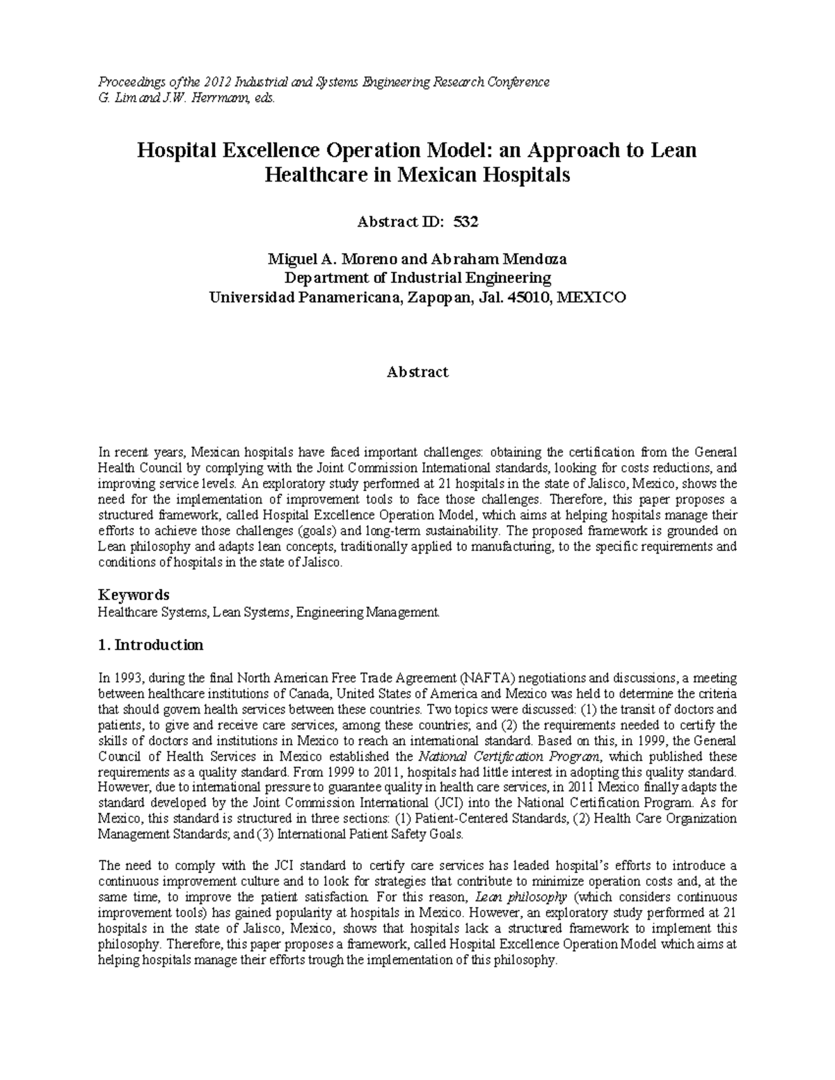 Hospital Excellence Operation Model - Proceedings of the 2012 ...