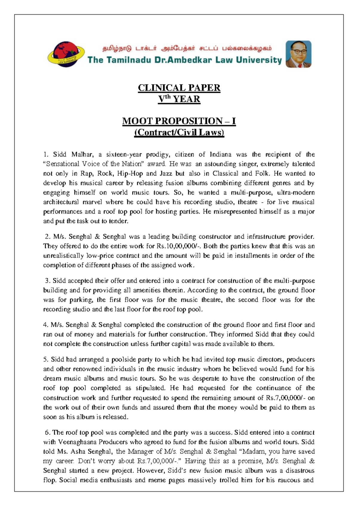 Civil Moot Proposition - CLINICAL PAPER Vth YEAR MOOT PROPOSITION – I ...