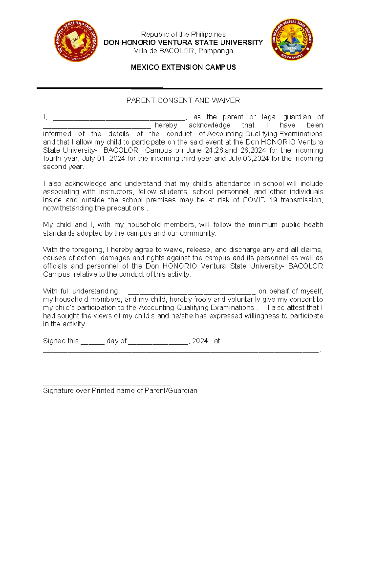 Consent of parents - Republic of the Philippines DON HONORIO VENTURA ...