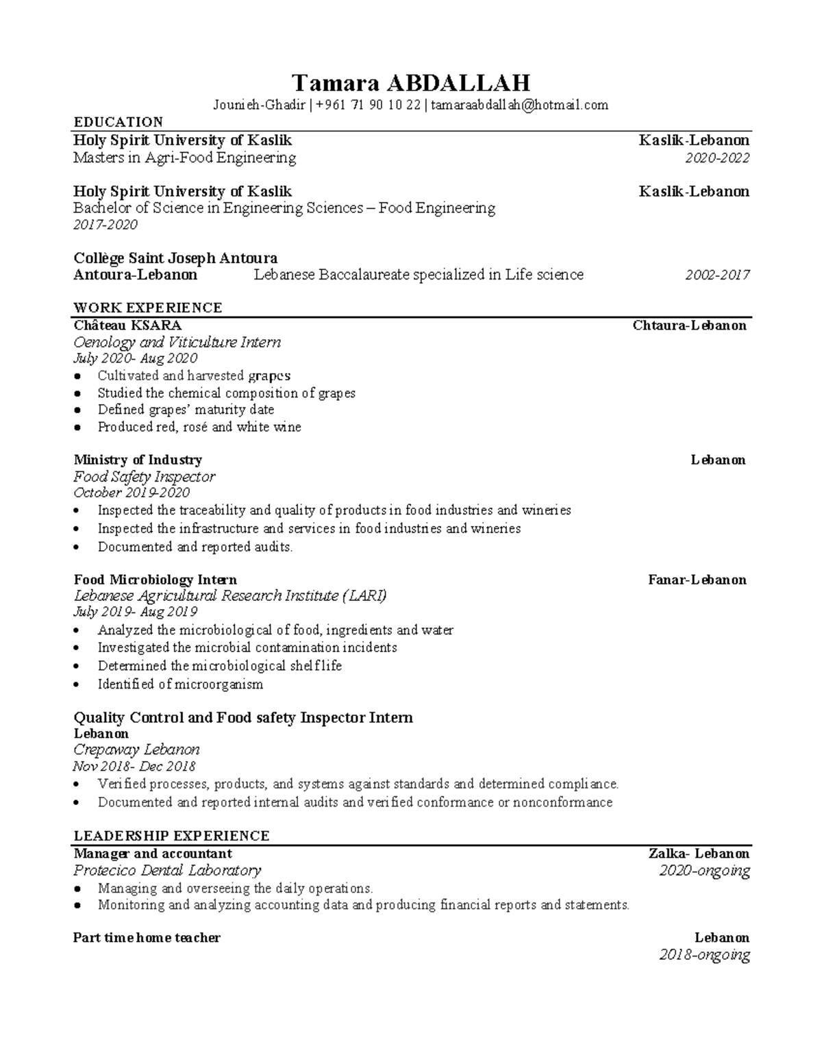 CV - Tamara Abdallah - Agri Food Engineer - Tamara ABDALLAH Jounieh ...