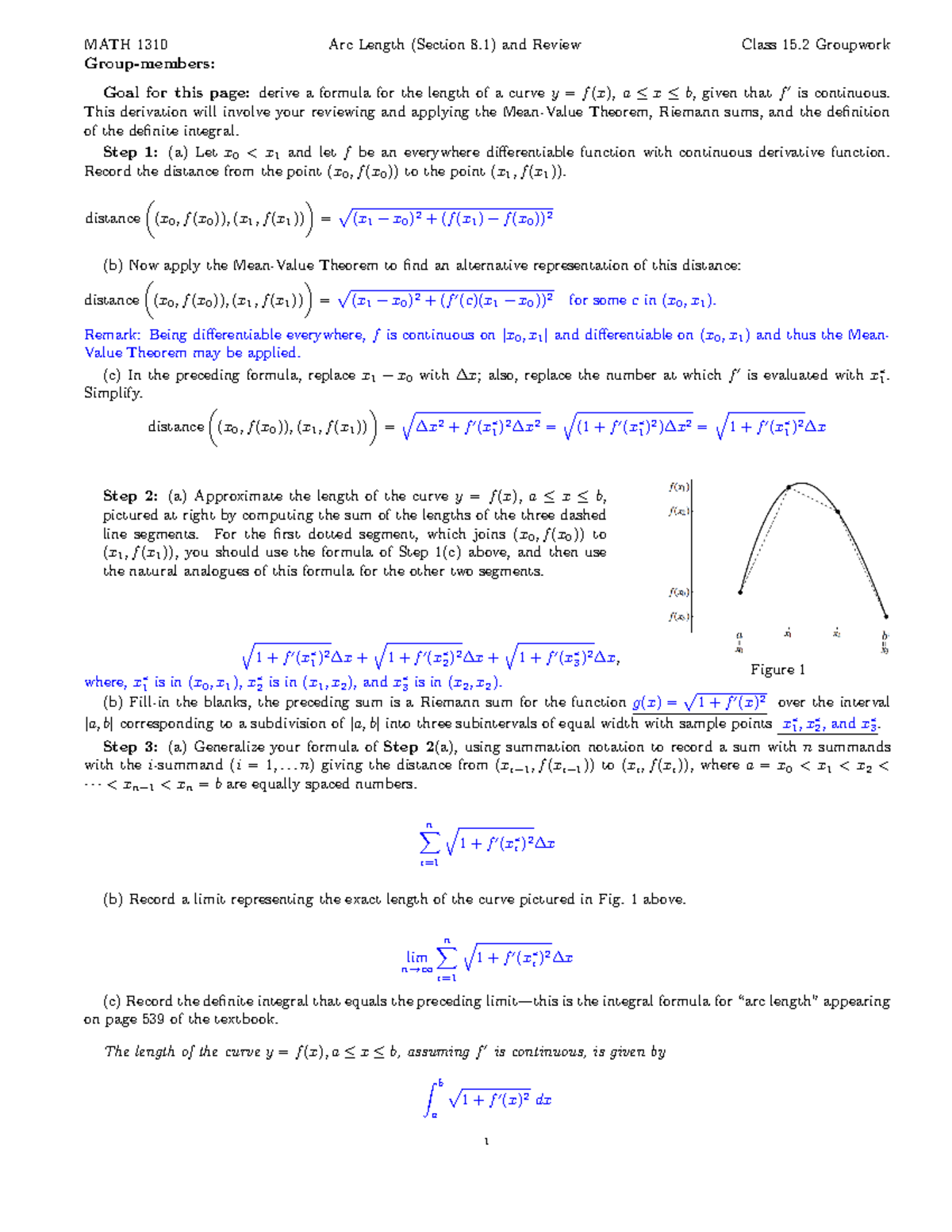 CW 15.2 - Arc Length - MATH 1310 Arc Length (Section 8) and Review ...