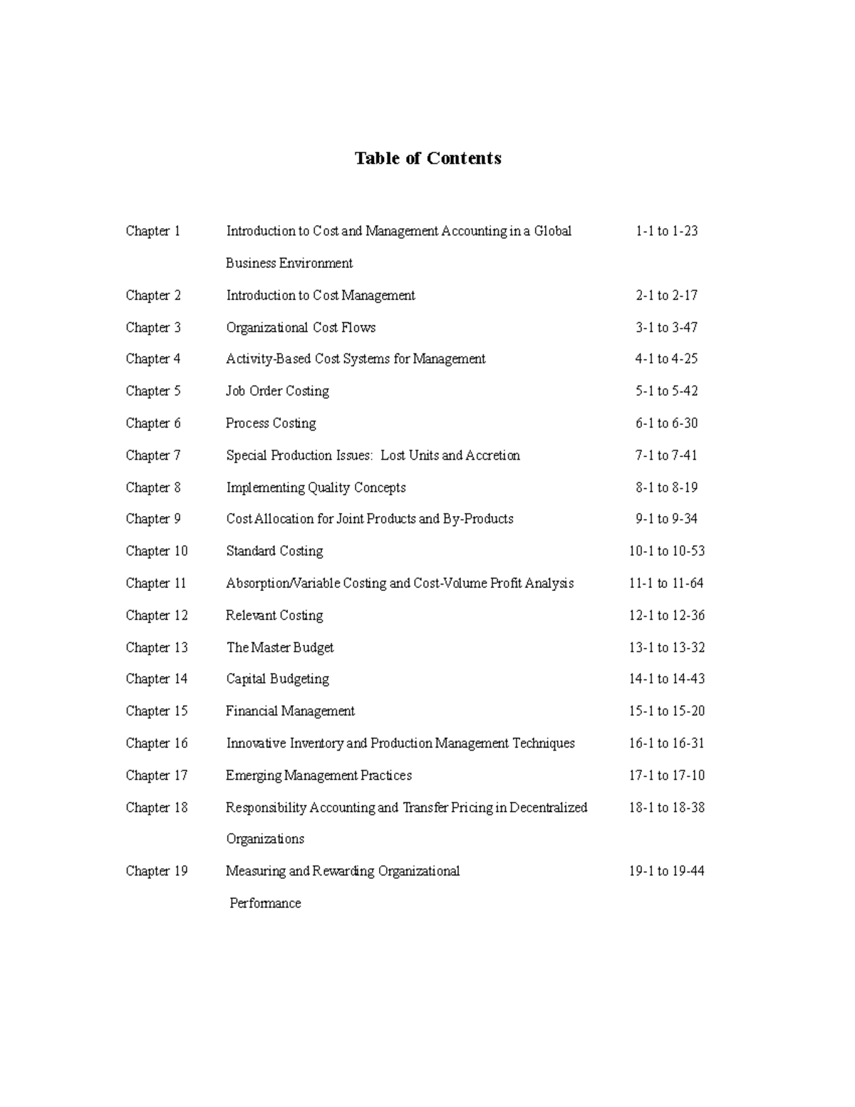 Ch00 - COST ACOUNTING - Table of Contents Chapter 1 Introduction to ...