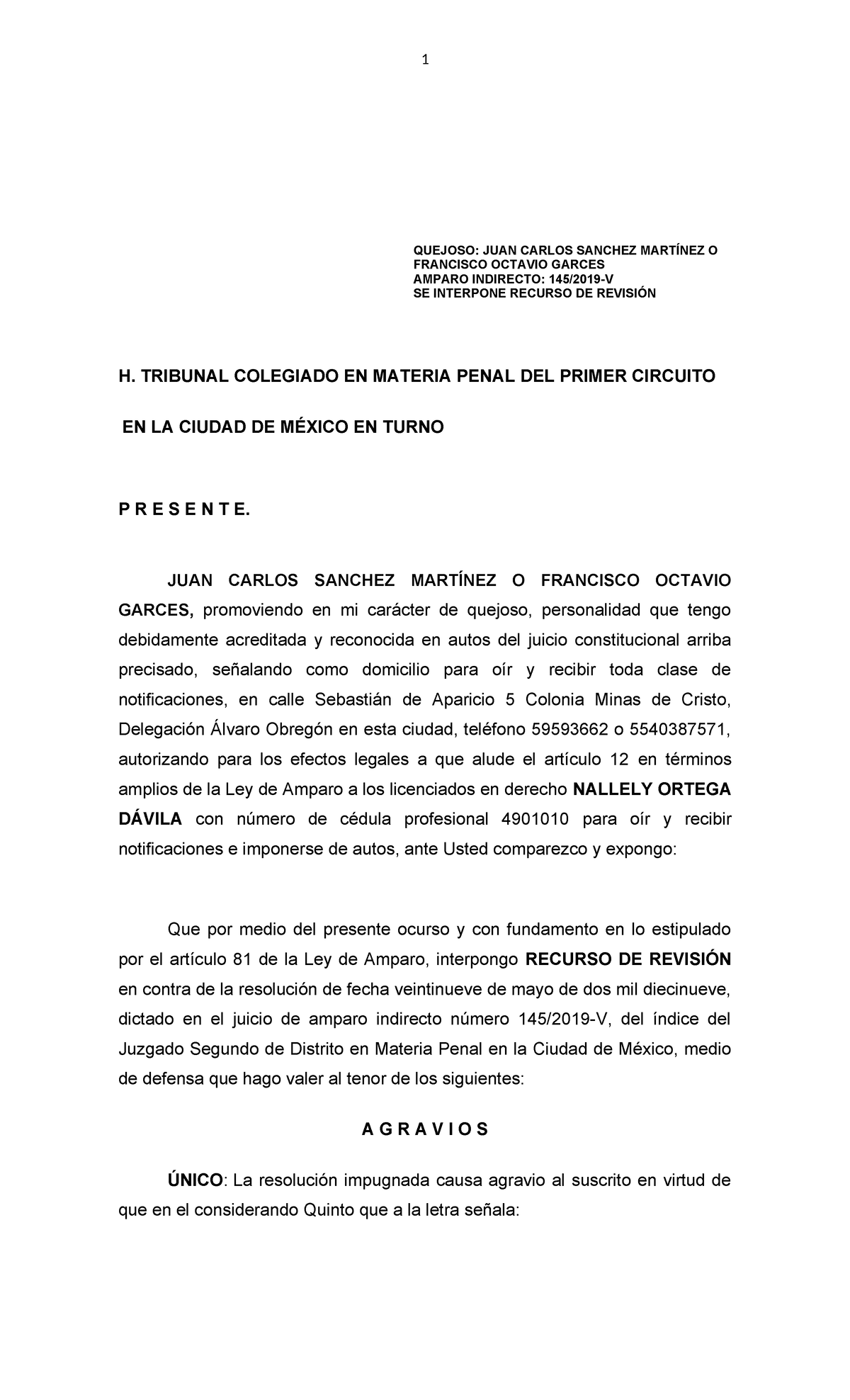 Escrito Agravios - QUEJOSO: JUAN CARLOS SANCHEZ MARTÍNEZ O FRANCISCO ...