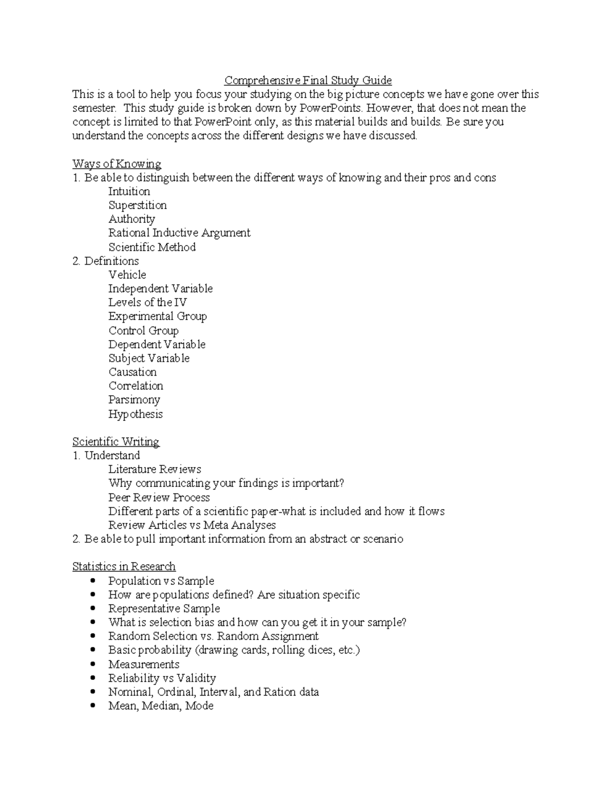 Comprehensive Final Study Guide This Study Guide Is Broken Down By