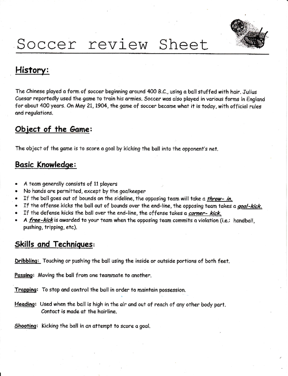 Soccer Review Sheet - Soccer revr_ew Sheet History: The Chine se ...