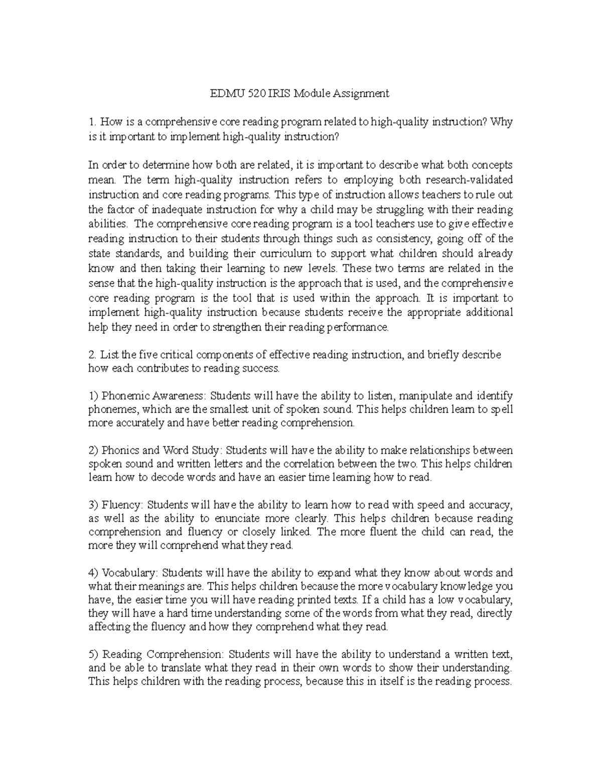 Edmu 520 iris module - Grade: A - EDMU 520 IRIS Module Assignment How is a comprehensive core ...