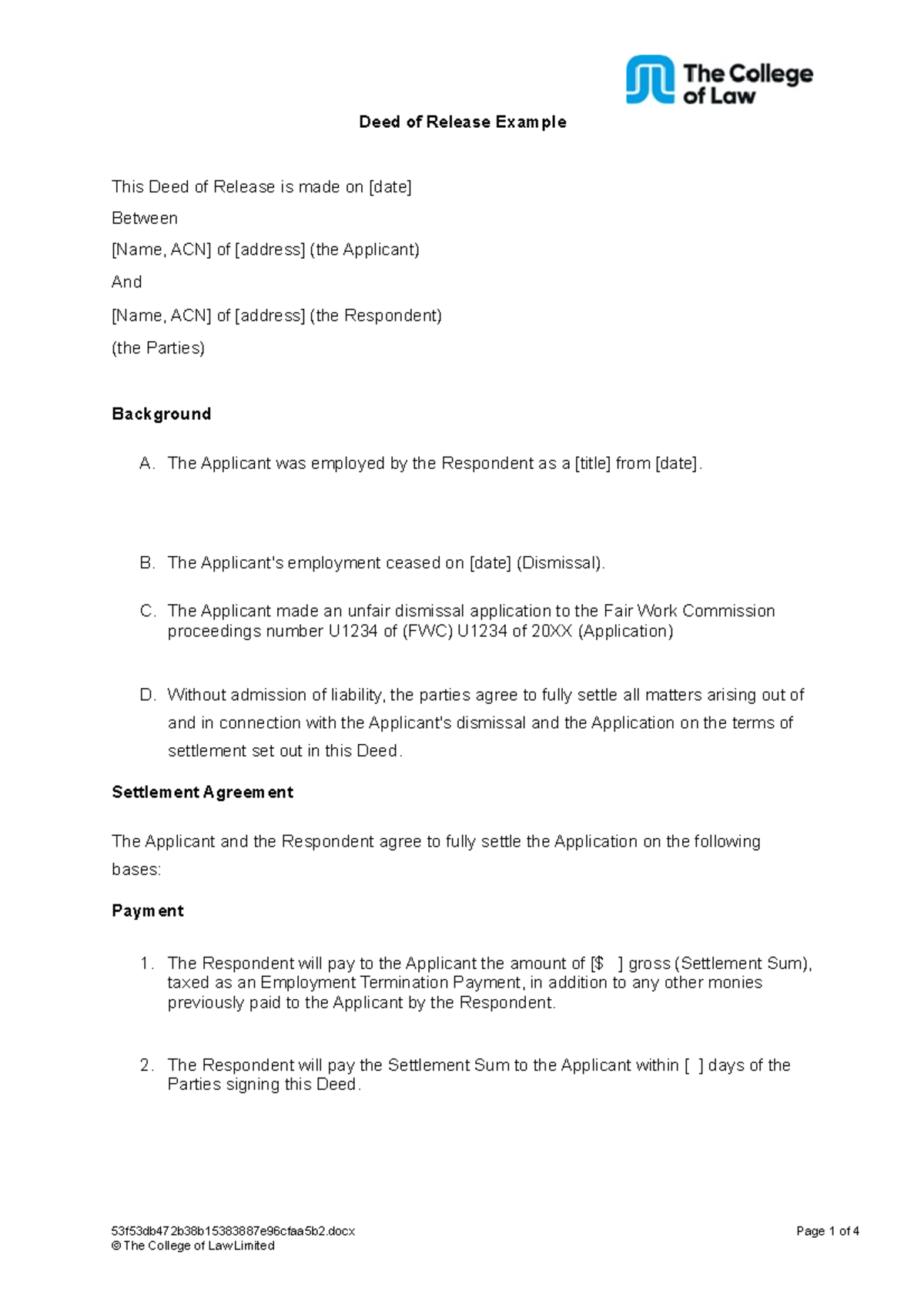 EMP T2 A1 Sample Deed of Release ALL States 2019 11 8 - Deed of Release ...