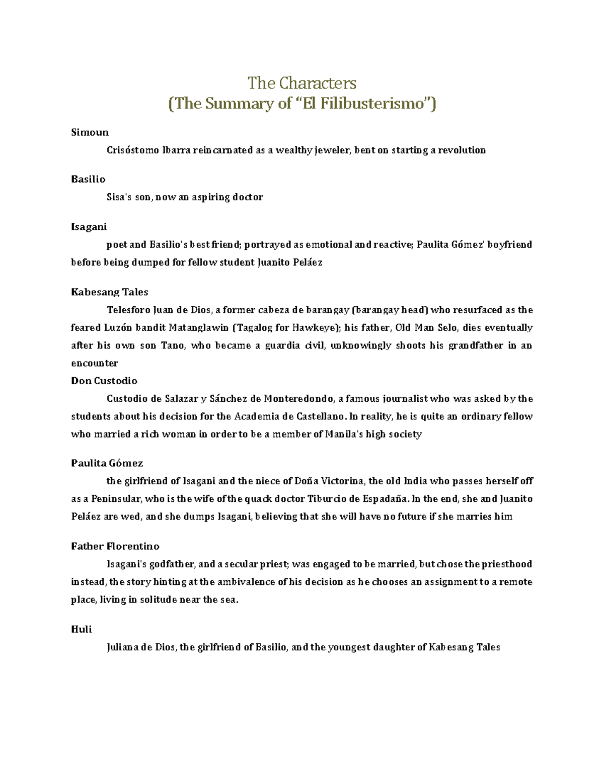 Main Characters El Fili-2 - The Characters (The Summary of “El ...