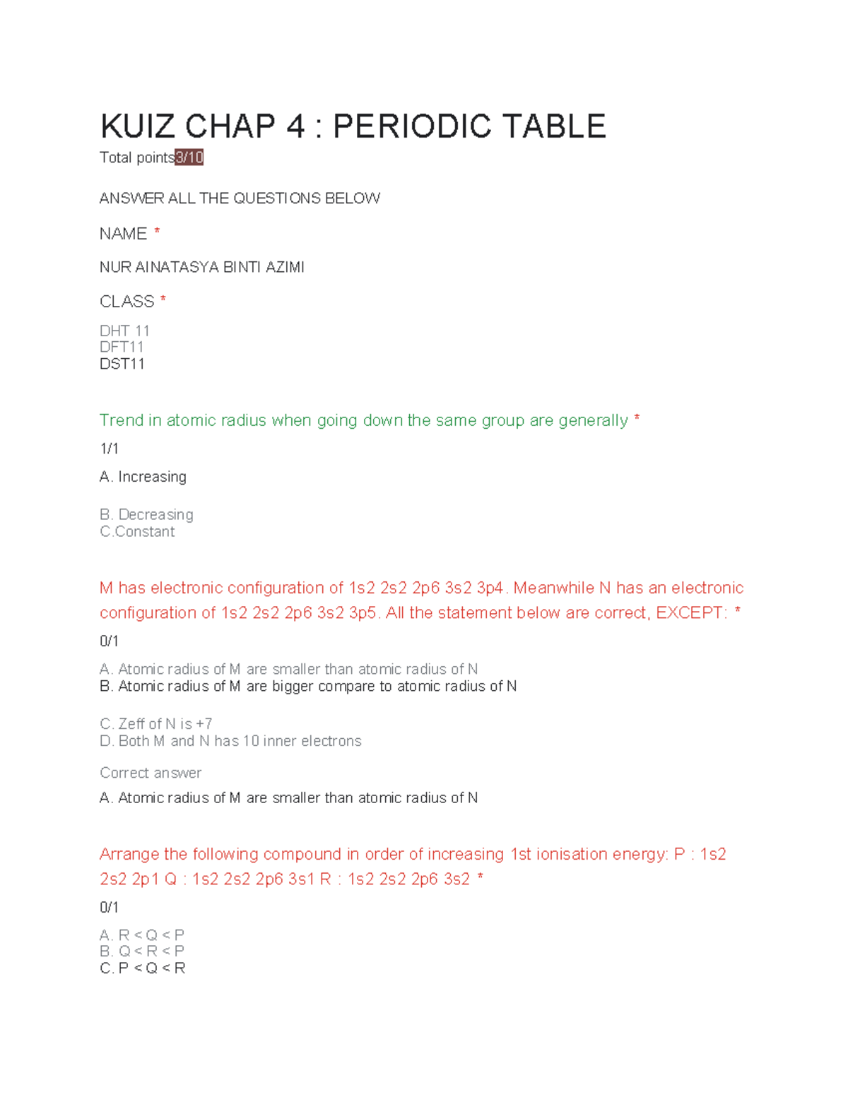 KUIZ CHAP 4 - periodic table - KUIZ CHAP 4 : PERIODIC TABLE Total ...