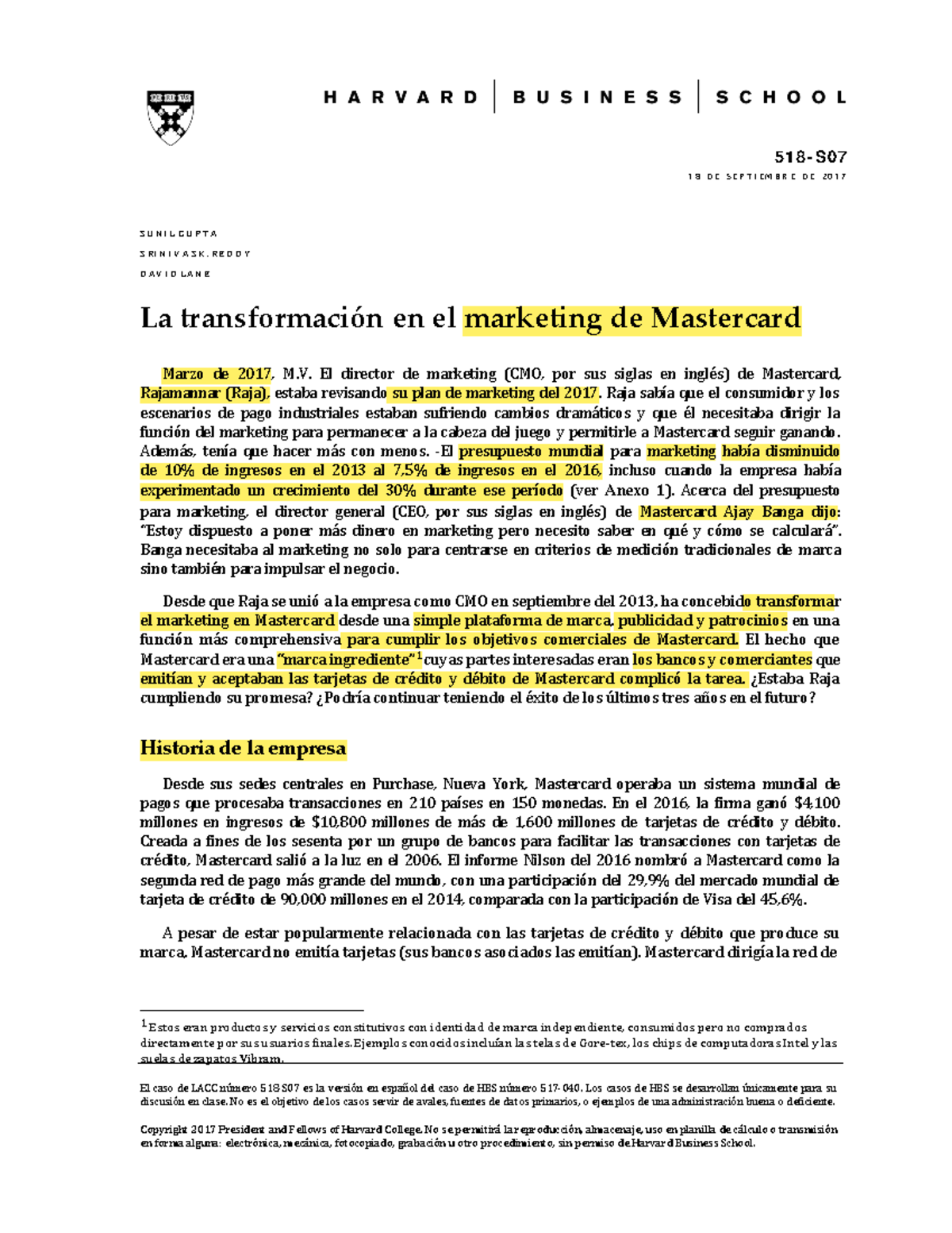 Caso Mastercard - CASO2 - 518 - S 07 1 8 D E S E P T I E M B R E D E 2 0 1 7 S U NI L G U P T A ...