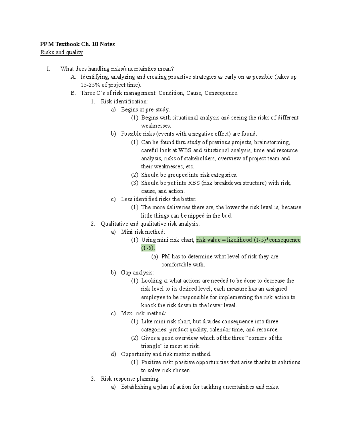 PPM Textbook Ch. 10 Notes - PPM Textbook Ch. 10 Notes Risks and quality ...