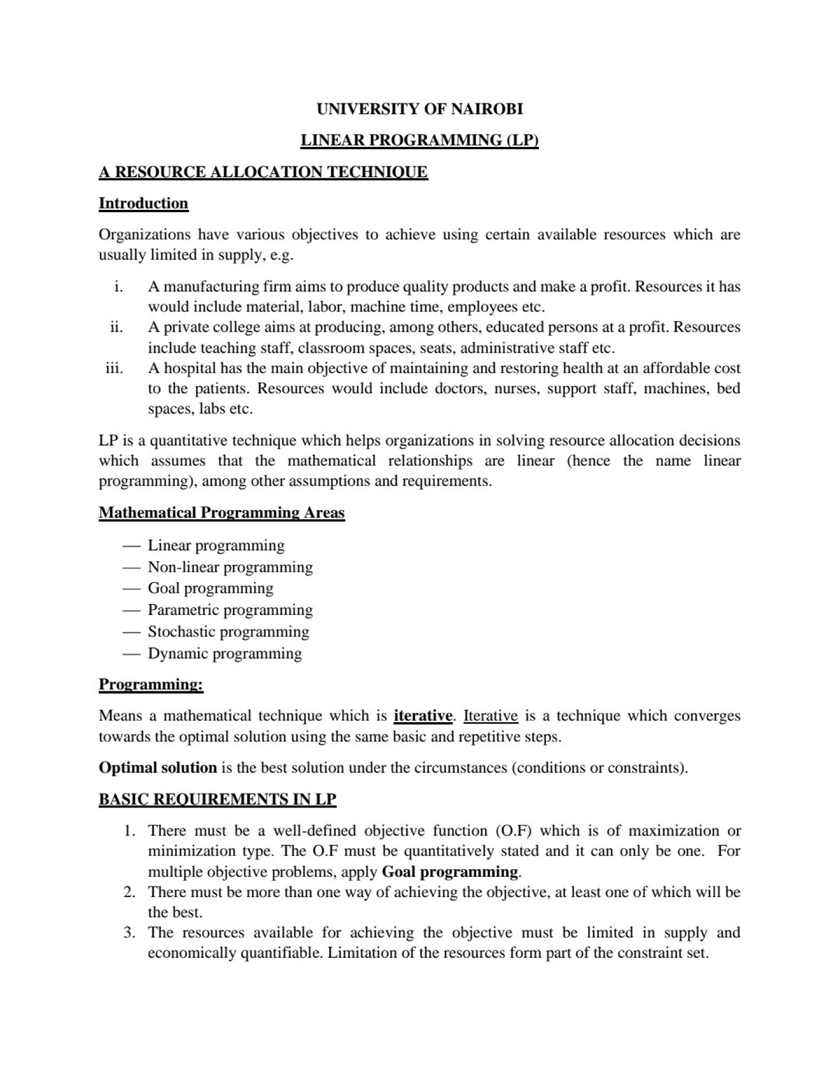 General Lpp Pdf Notes University Of Nairobi Linear Programming Lp A Resource Allocation