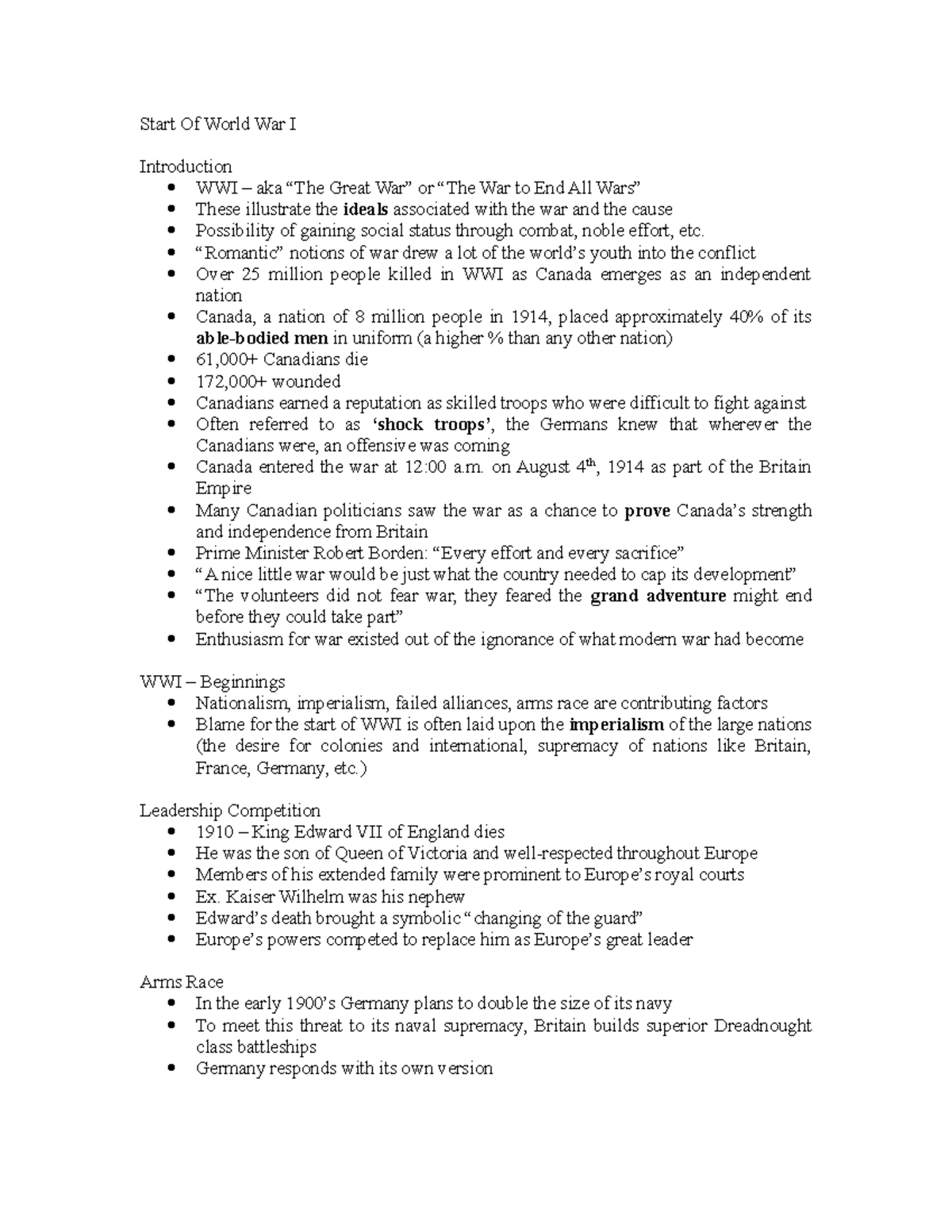 Start Of World War I - Start Of World War I Introduction WWI – aka “The ...