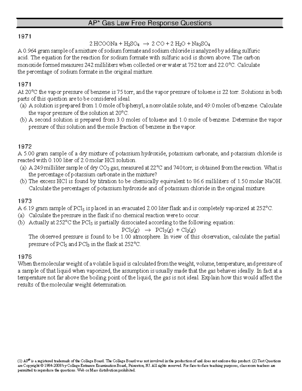 Gases Free Response worksheet - AP* Gas Law Free Response Questions (1 ...