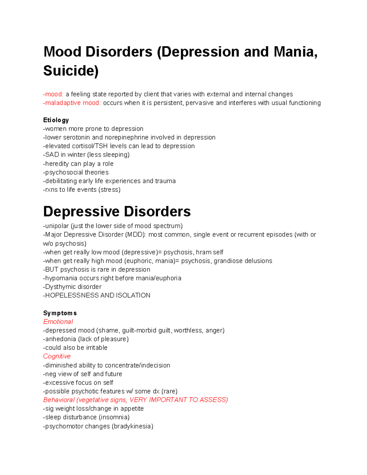 Module 8 - lecture notes - Mood Disorders (Depression and Mania ...