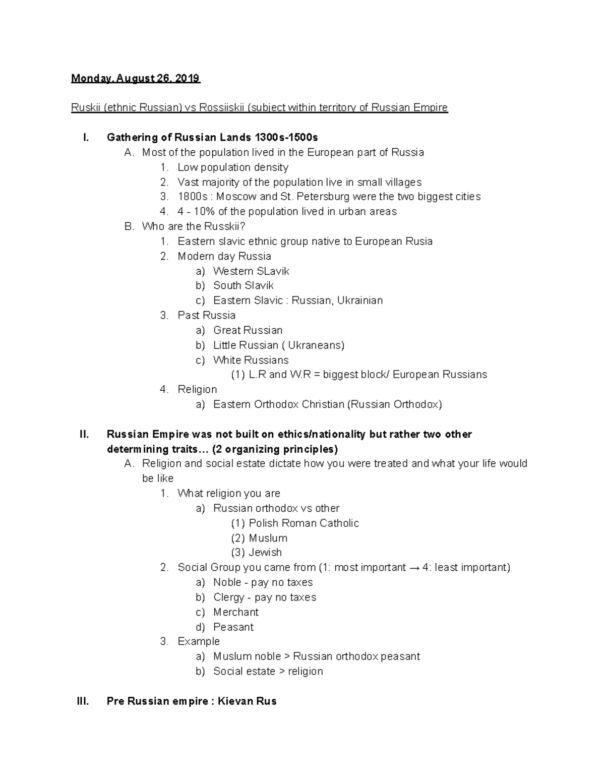 19th Century Russia - Lecture notes - Monday, August 26, 2019 Ruskii ...