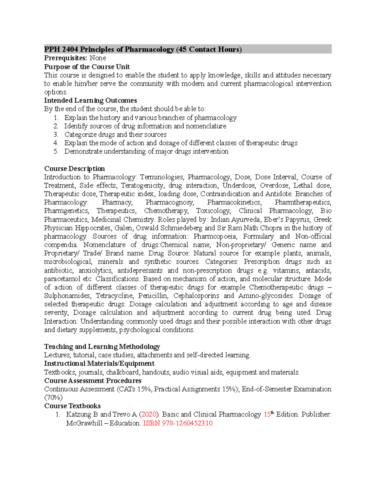 PPH 2404 Principles of Pharmacology - Intended Learning Outcomes By the ...