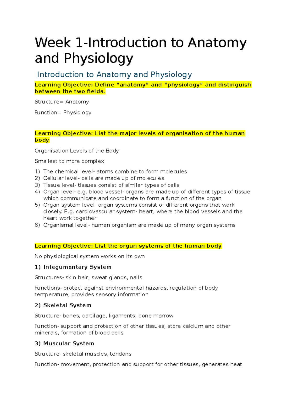 Week 1- Intro to Anatomy and Physiology - Week 1-Introduction to Anatomy and Physiology ...