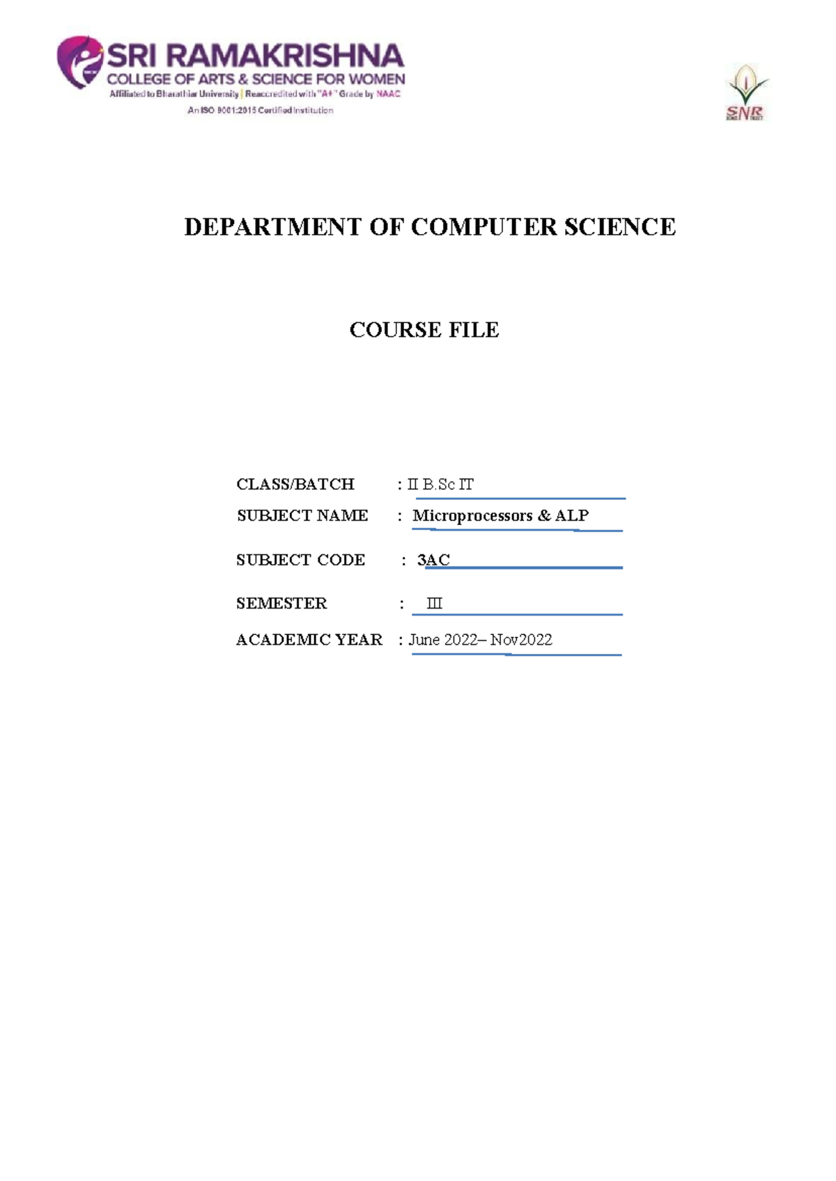 Course File Microprocessor And Alp Manju Department Of Computer Science Course File Class