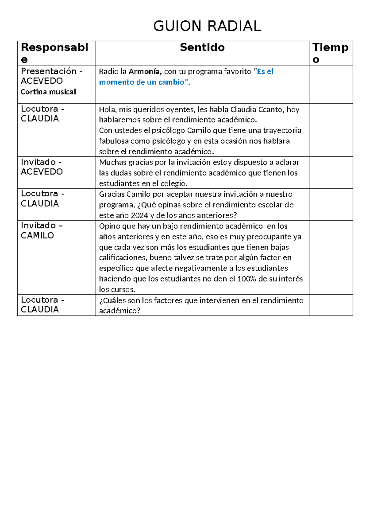 Guion Radial - Zcai - GUION RADIAL Responsabl e Sentido Tiemp o ...