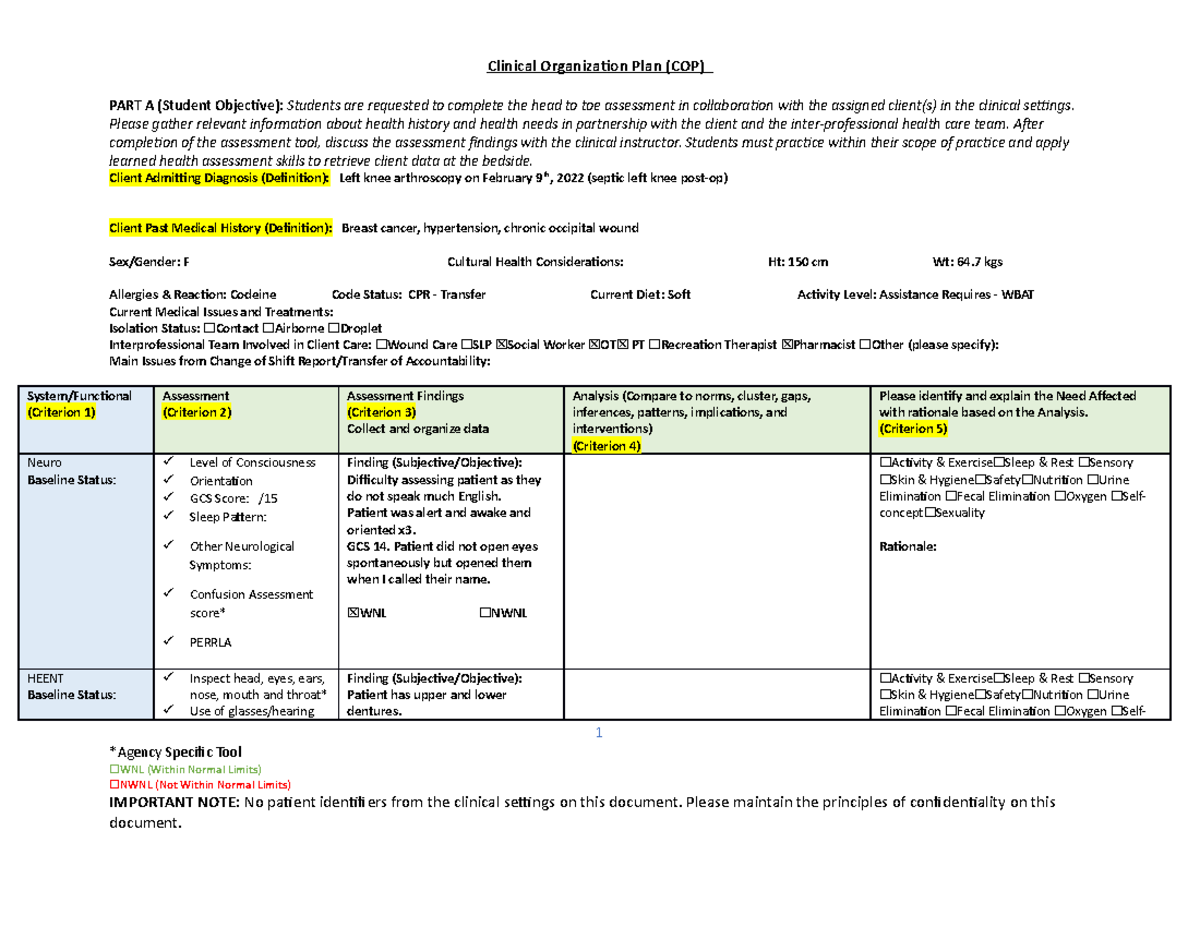 COP Week 7 - week 7 cop - Clinical Organization Plan (COP) PART A ...