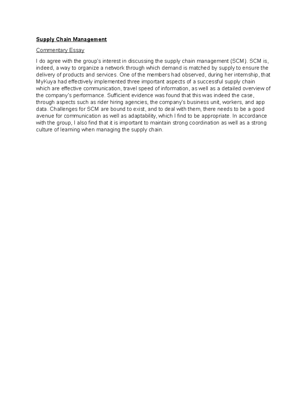 Supply Chain Management - Supply Chain Management Commentary Essay I do ...