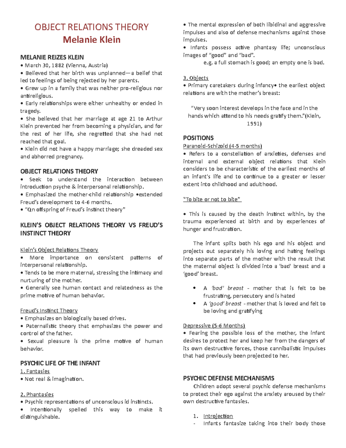 Theories of Personality - OBJECT RELATIONS THEORY Melanie Klein MELANIE ...