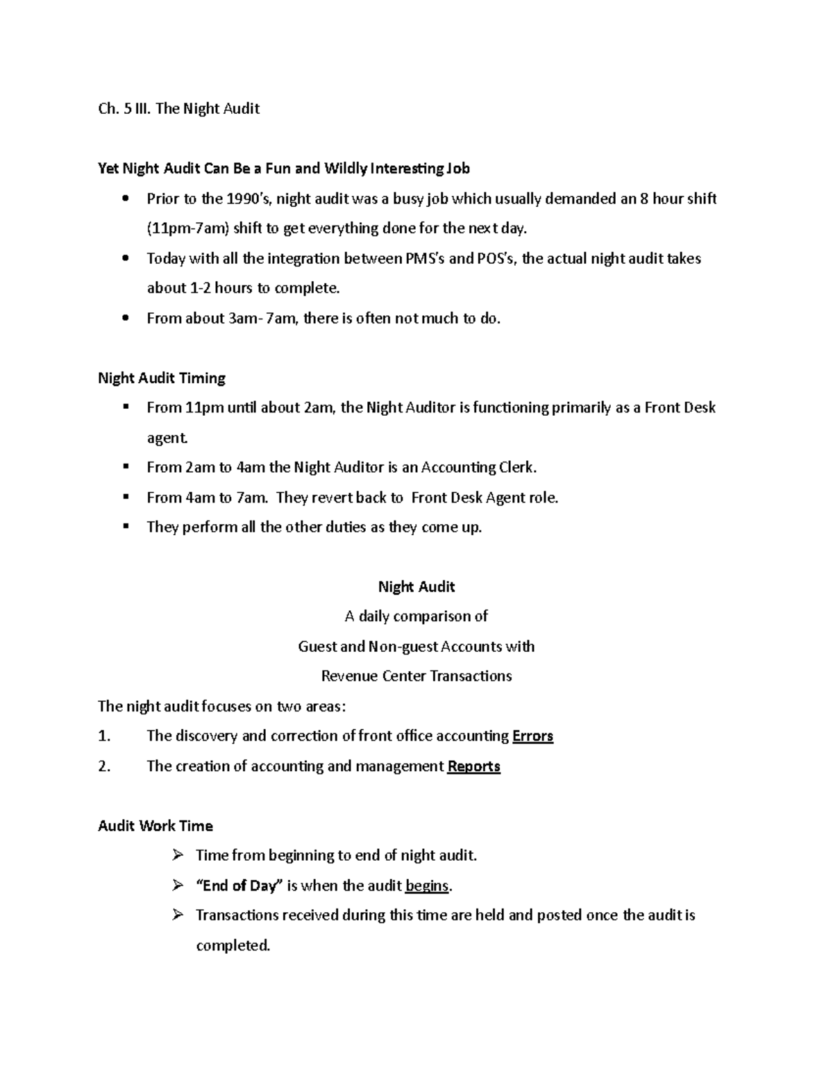 Ch. 5 III. The Night Audit lecture 2 - Ch. 5 III. The Night Audit Yet ...