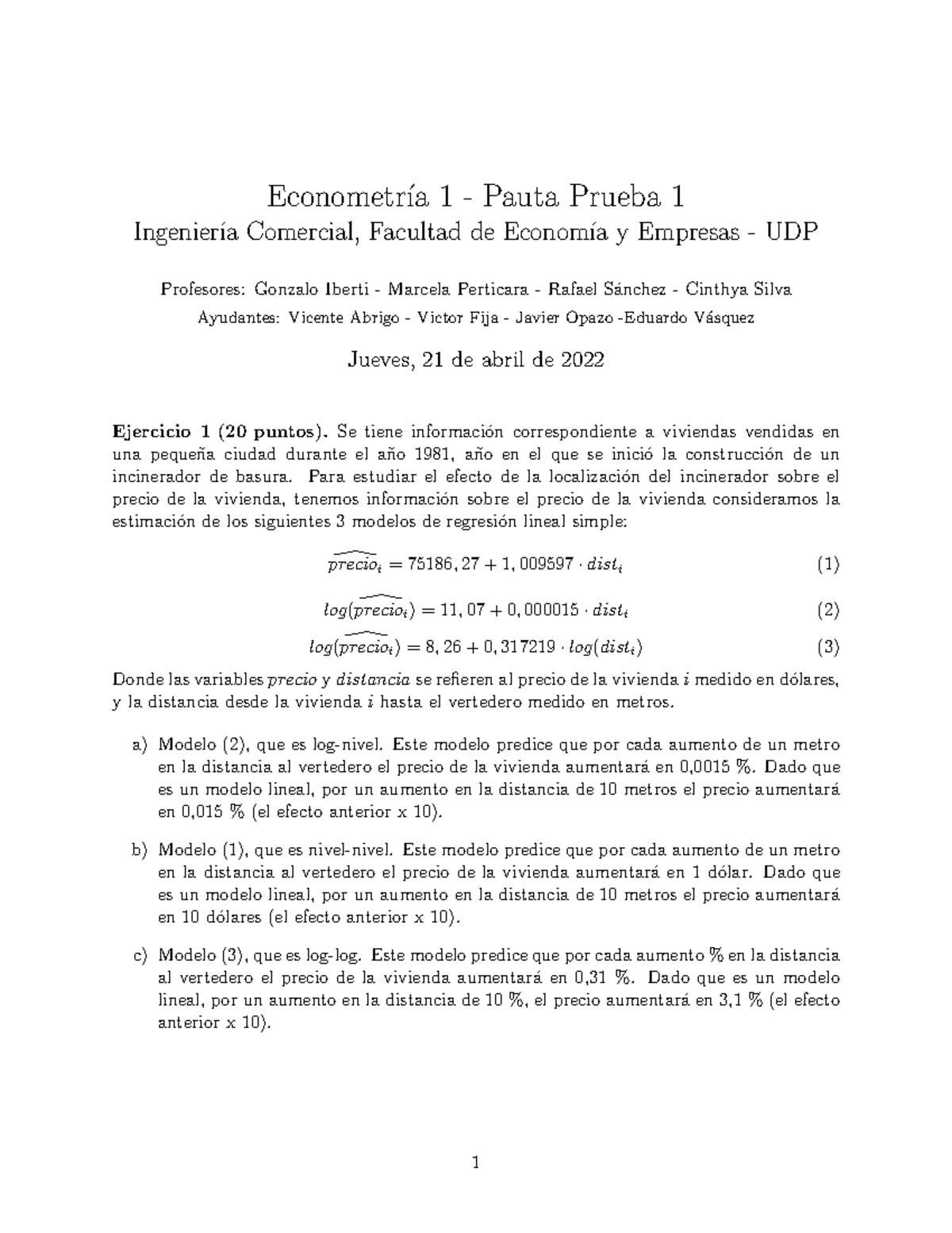 Pauta Prueba 1 2022 - Econometr ́ıa 1 - Pauta Prueba 1 Ingenier ́ıa Comercial, Facultad de ...